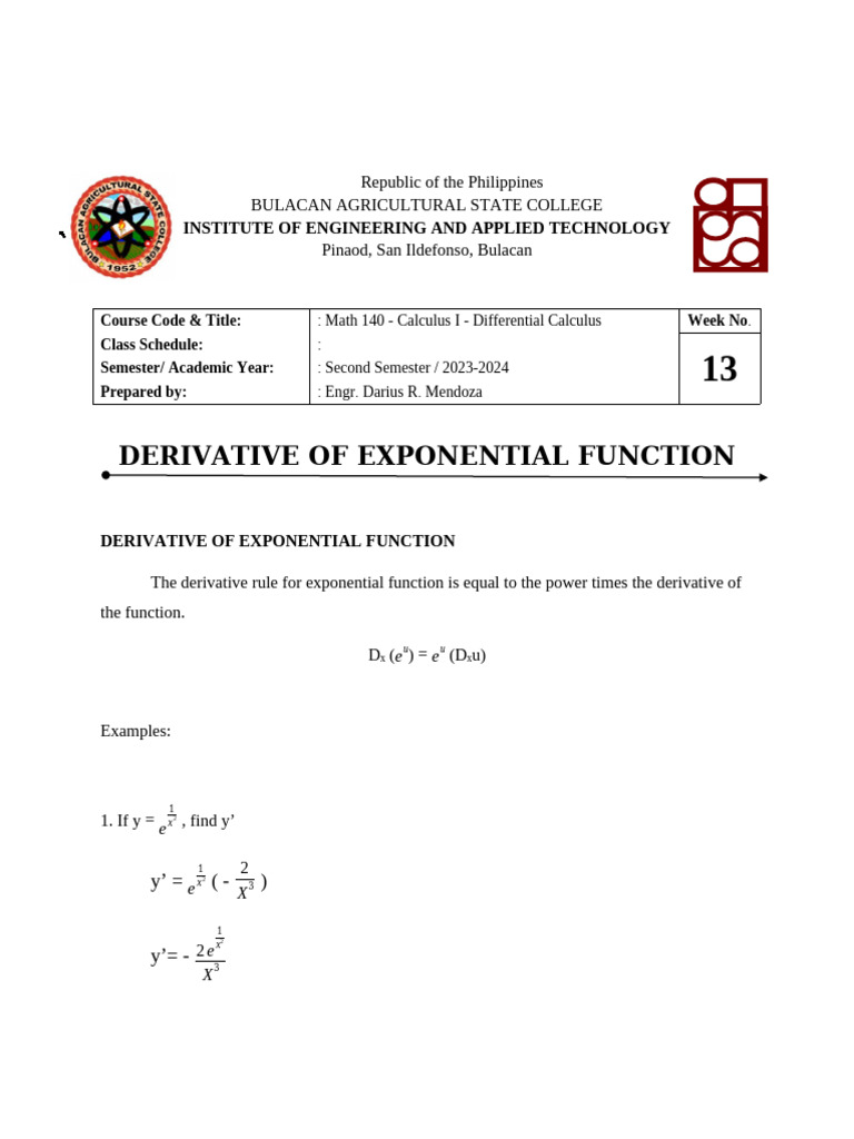 Week No. 13 - Derivative-of-Expnential-Function | PDF