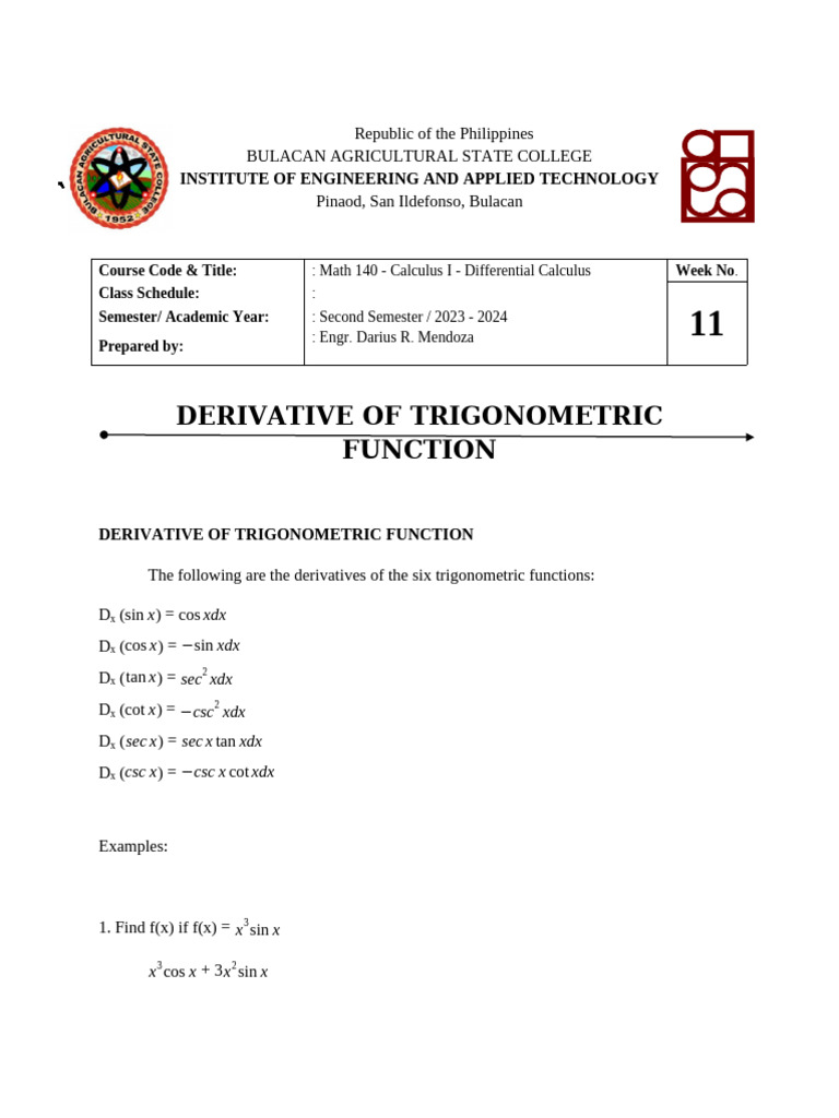 Week No 11 Derivative Of Trigonometric Function Pdf