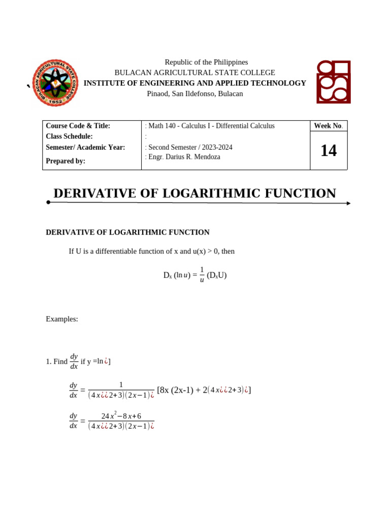 Week No 14 Derivative Of Logarithmic Function Pdf