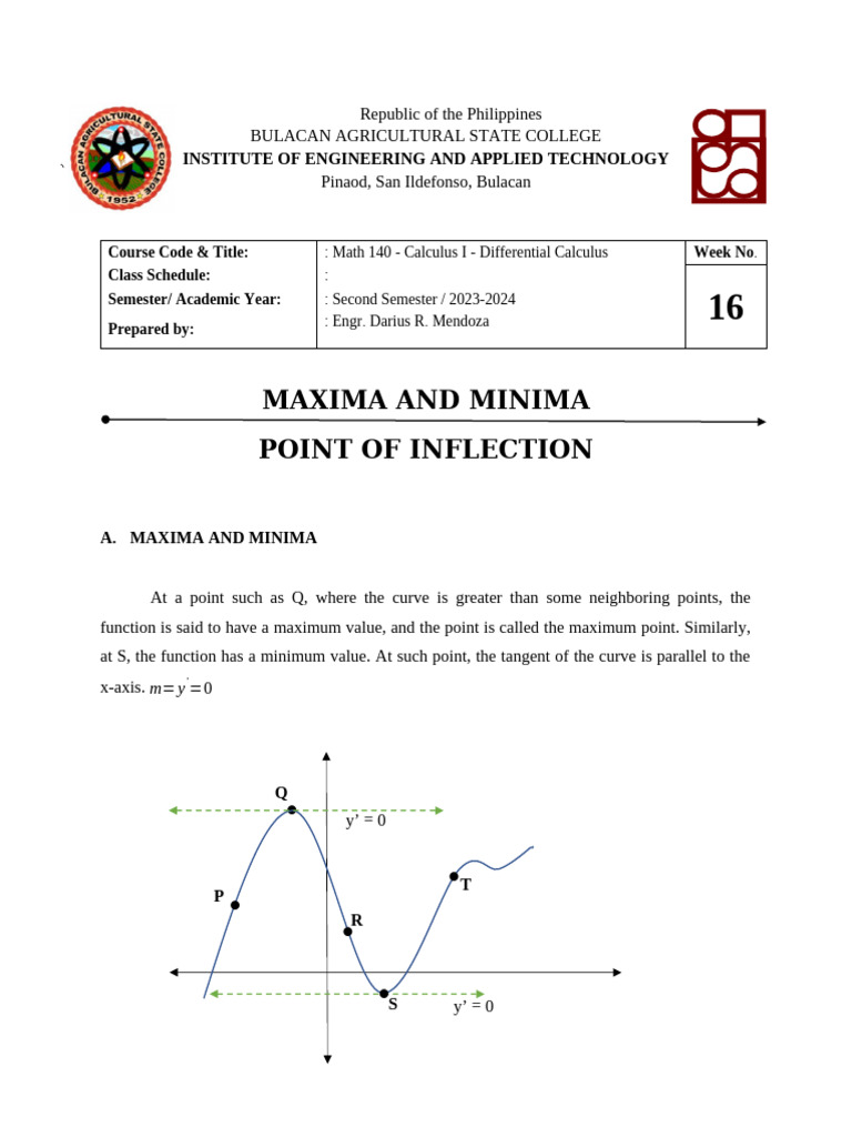 Week No. 16 - Maxima, Minima and Point of Inflection | PDF | Mathematical Analysis | Calculus