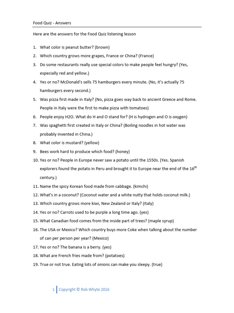 Food Quiz Answers | PDF