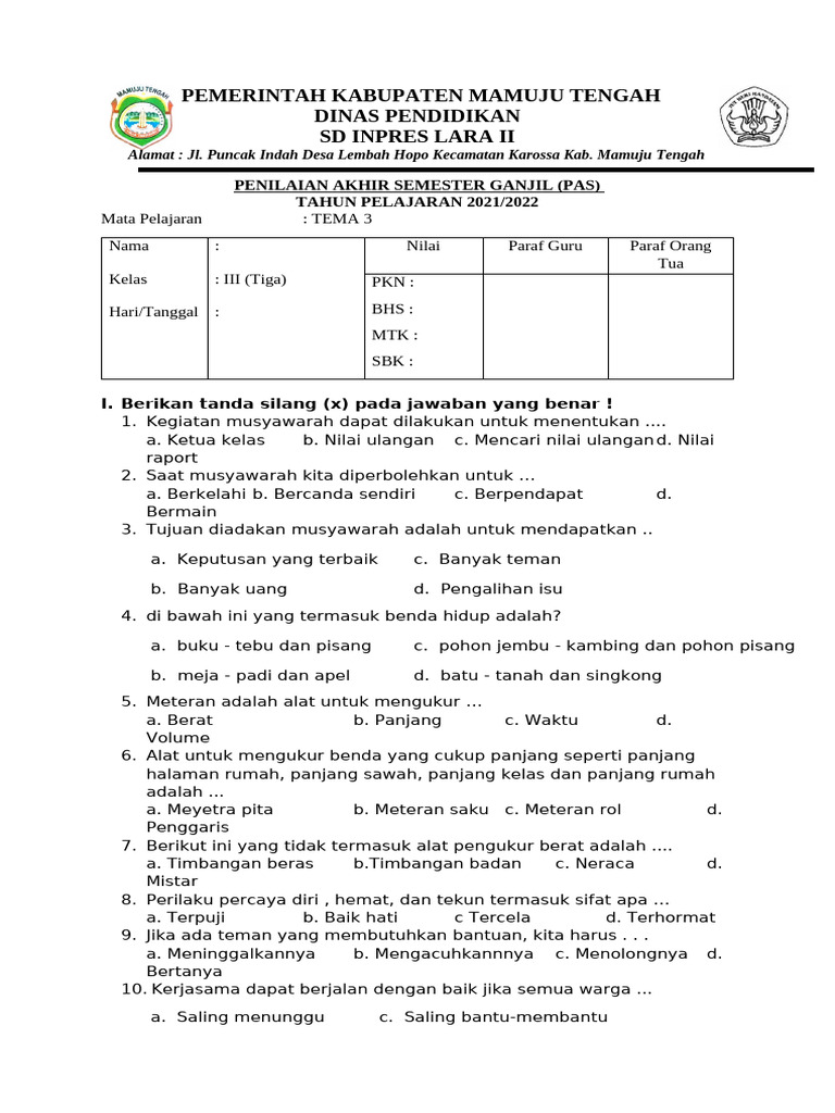 Soal PAS kls 3 Tema 3 t 2021 | PDF