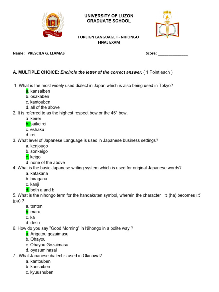 FOREIGN LANGUAGE I - NIHONGO FINAL EXAM | PDF | Japanese Language | Japan