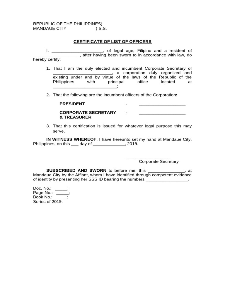 Certificate of Corporate Officers Philippines | PDF