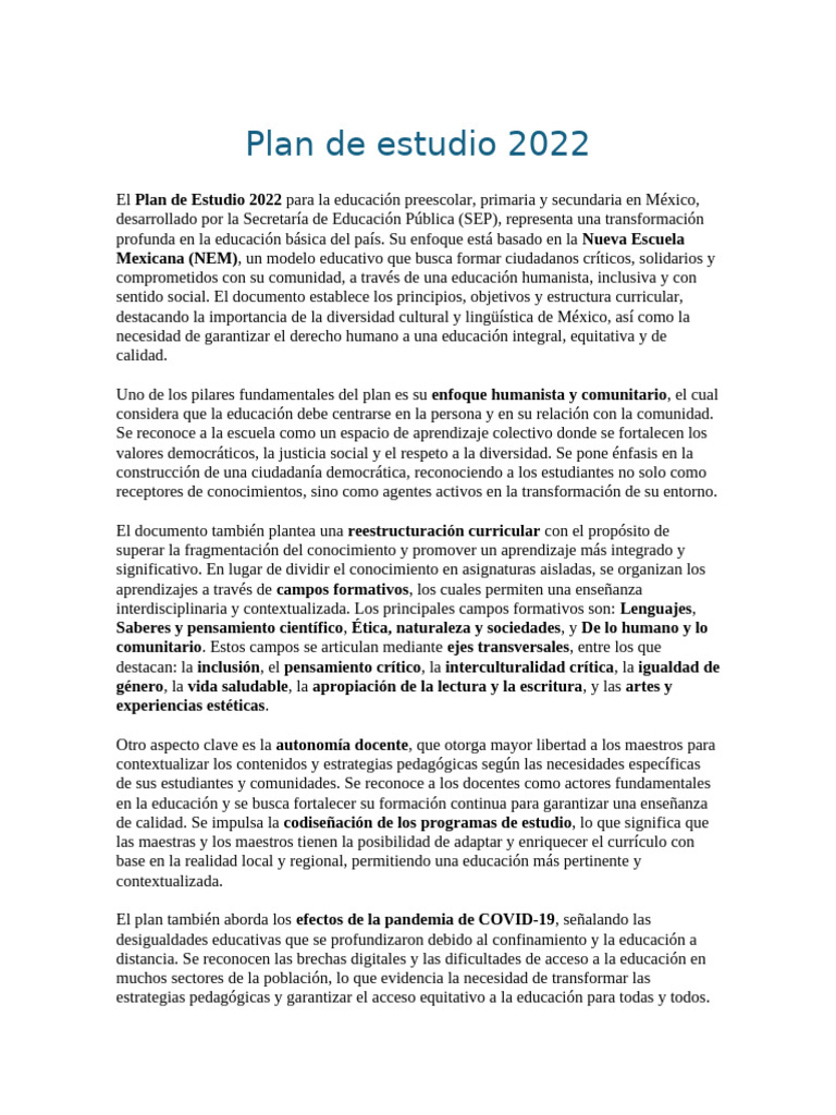 Plan de Estudio 2022 | PDF | Enseñando | Aprendizaje