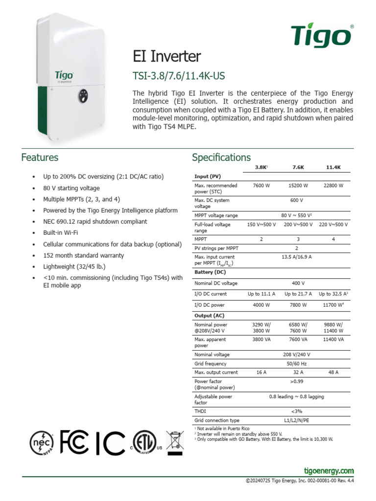 Tigo EI Inverter Specifications and Features | PDF | Electrical ...
