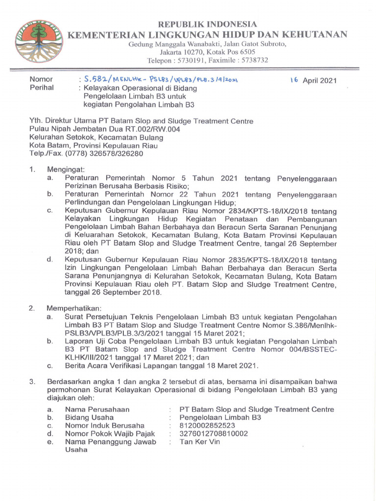 Pt. Bsstec Izin Kelayakan Pengelolahan B3 (KLH) | PDF