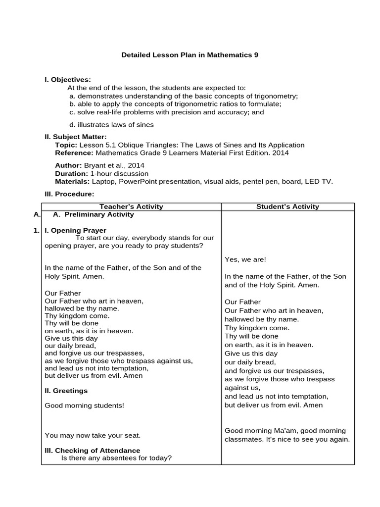 Sample-Detailed-Lesson-Plan | PDF | Lord's Prayer | Triangle