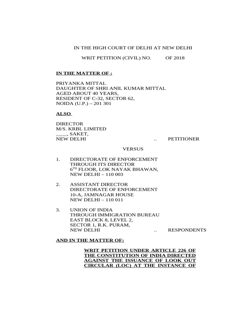 Look Out Circular (LOC) Writ Petition Draft | PDF | Affidavit | Justice