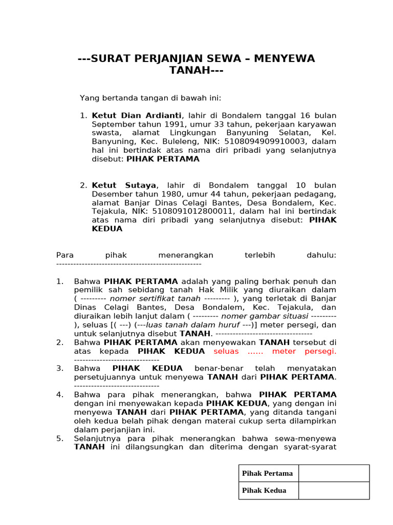 Surat Perjanjian Sewa Tanah 2024 | PDF