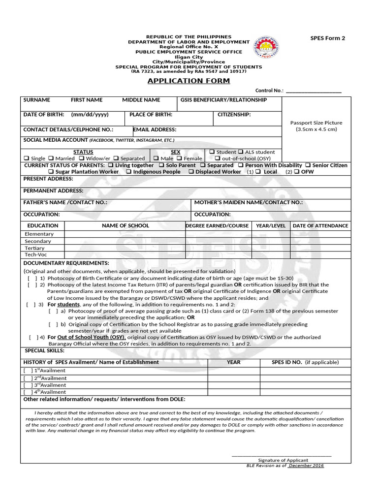 Spes Form 2 - Application Form | PDF | Government And Personhood