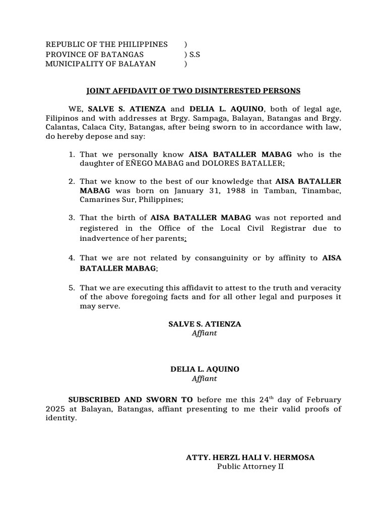 Affidavit of Two Disinterested Persons - Delayed Registration Aisa ...