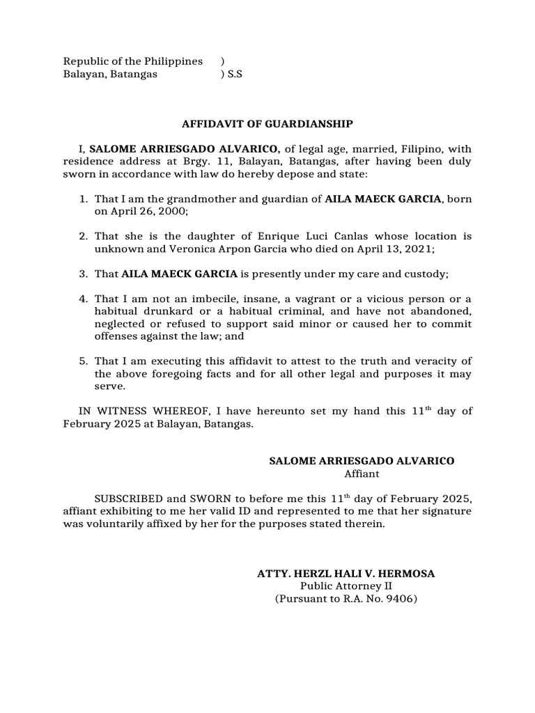 Affidavit of Guardianship - Alvarico | PDF
