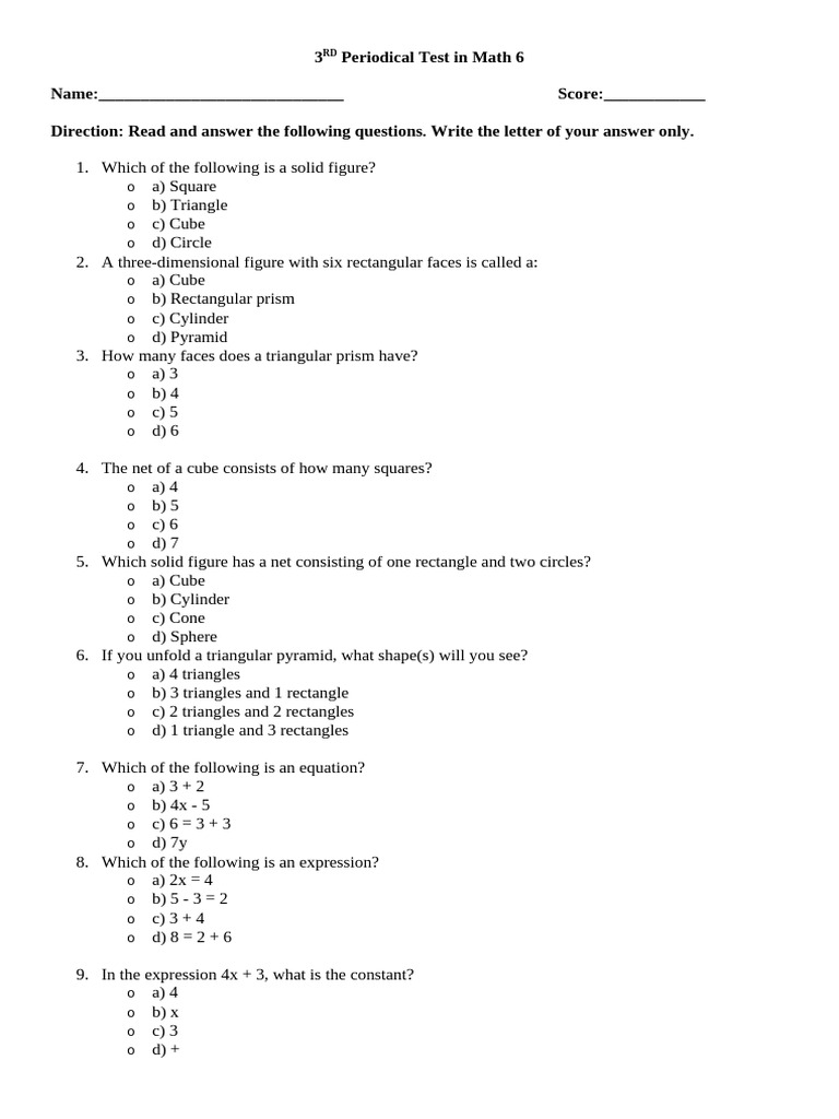 3RD Periodical Test in Math 6 | PDF | Area | Rectangle