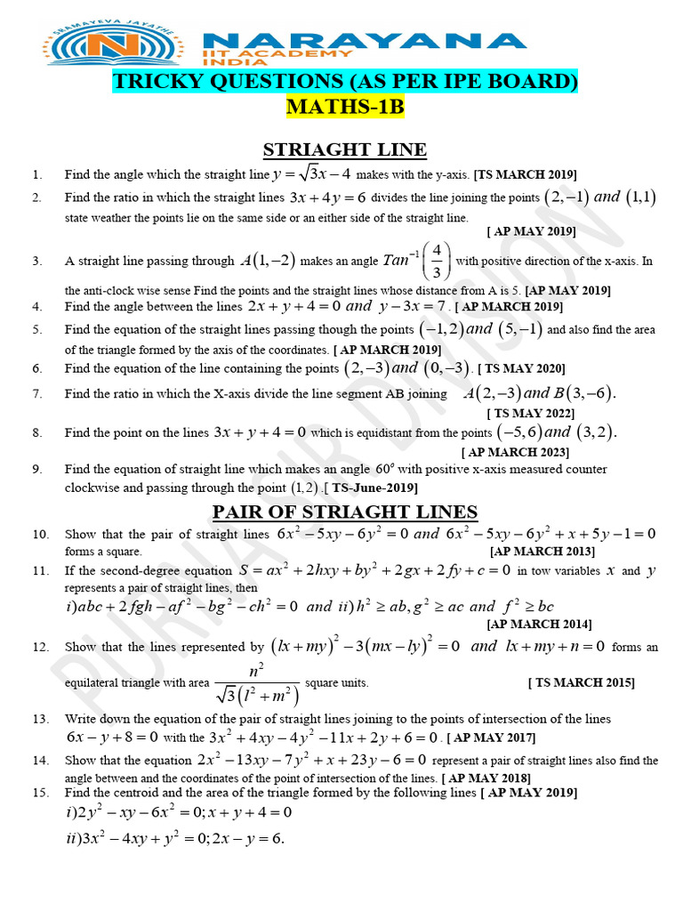 Tricky Maths Questions on Straight Lines | PDF | Mathematical Analysis ...