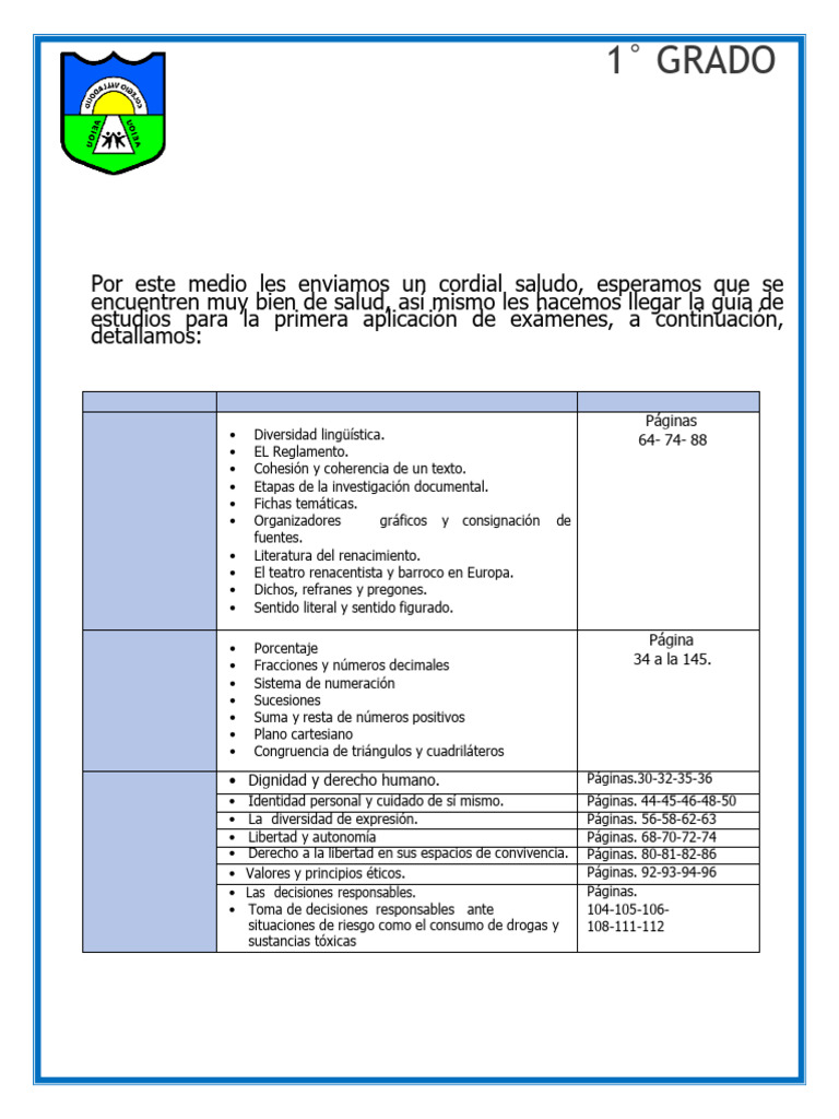GUIA DE ESTUDIO 1 GRADO Primer Trimestre | PDF