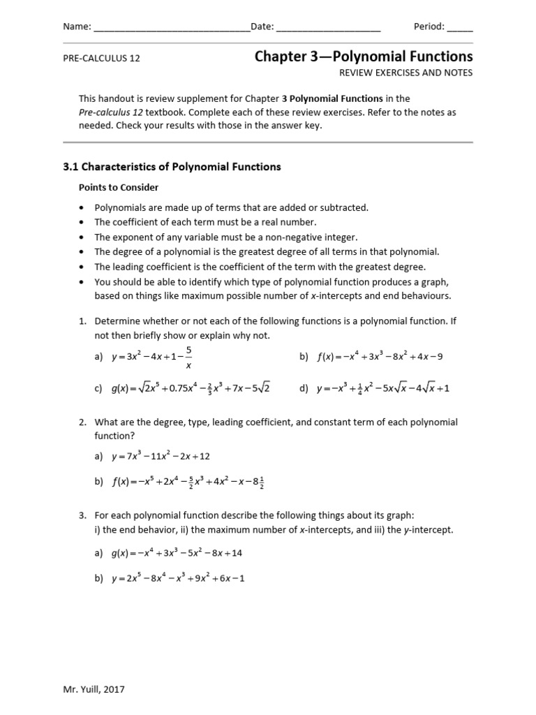 Mprec12 CH 3 Polynomial Functions Review Oct 2017 | PDF | Polynomial | Factorization