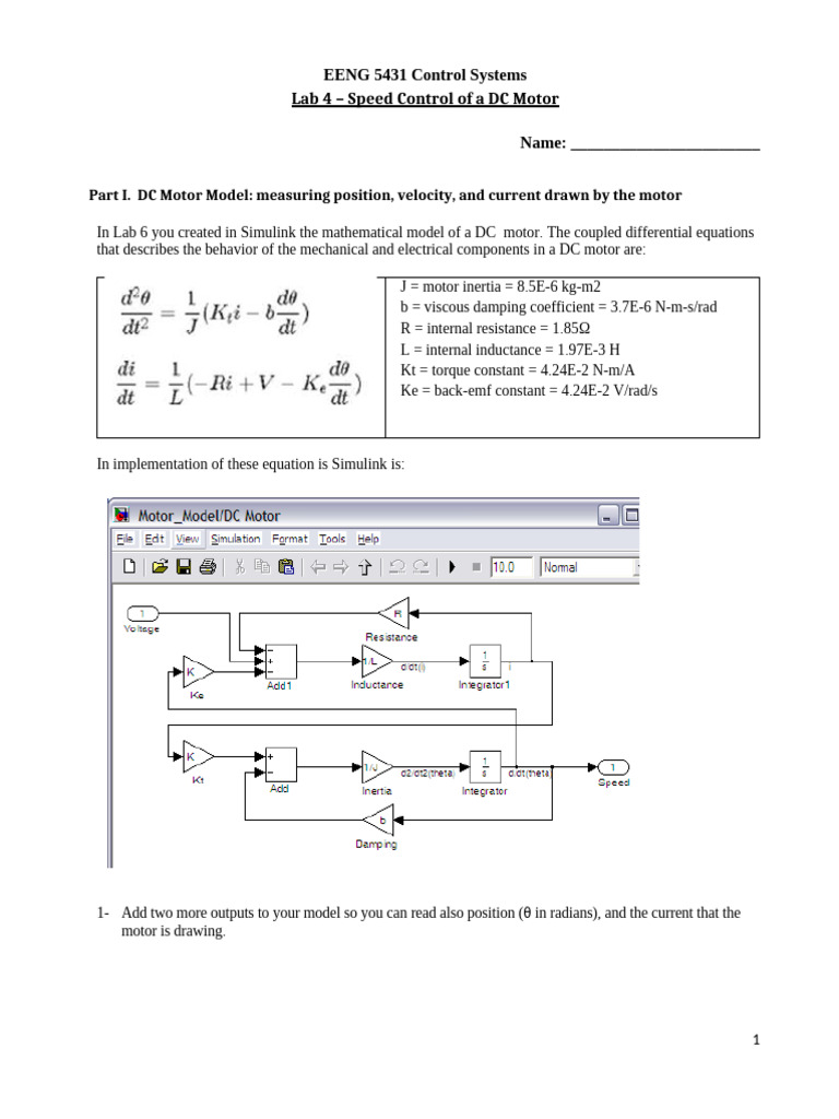 Lab4 Speed Control DC Motor Simulink | PDF | Feedback | Inductance