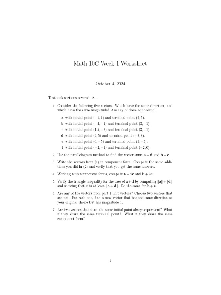 Math 10C Week 1 Worksheet: October 4, 2024 | PDF