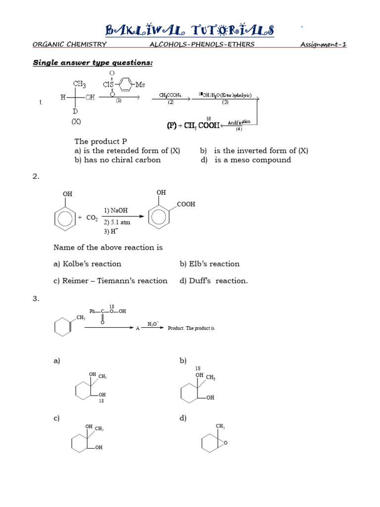 Alcohol Phenol Ethers Assignment-1 | PDF | Acid | Hydrochloric Acid