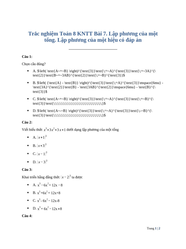 Trac Nghiem Toan 8 KNTT Bai 7 Lap Phuong Cua Mot Tong Lap Phuong Cua Mot Hieu Co Dap An 2024-11 ...