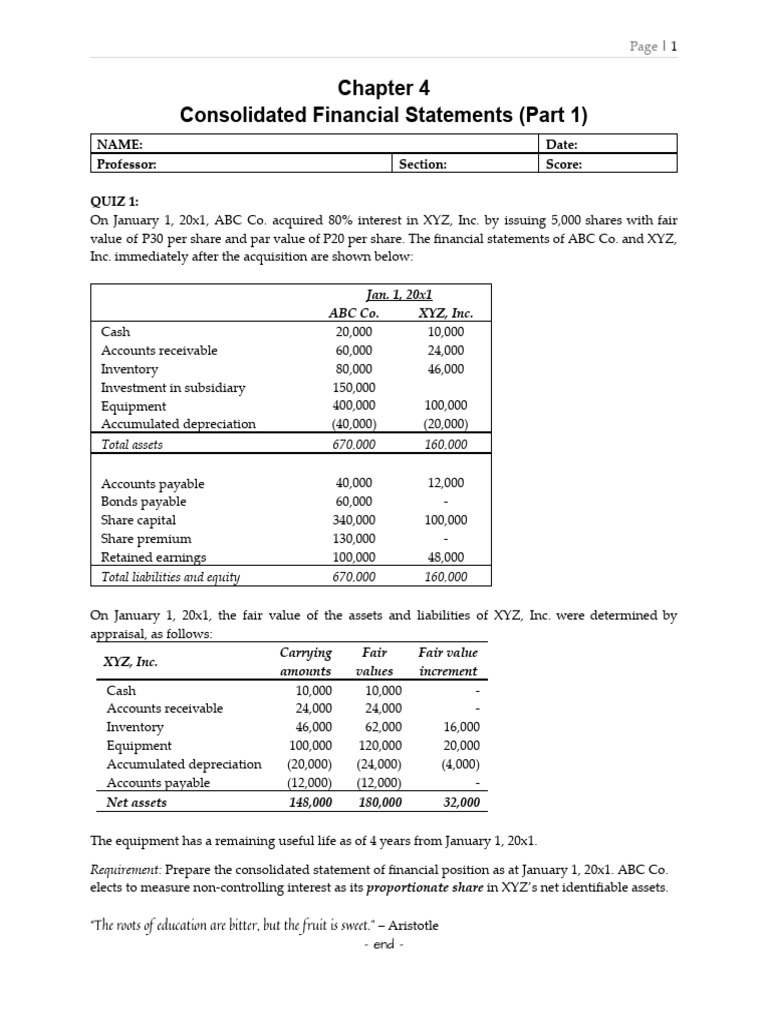 Quiz - Chapter 4 - Consol. Fs (Part 1) | PDF | Equity (Finance) | Balance Sheet