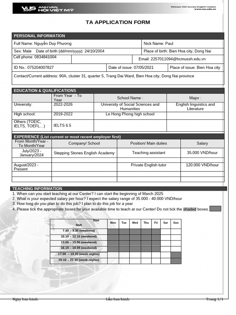 4. TA APPLICATION FORM - Nguyễn Duy Phương | PDF