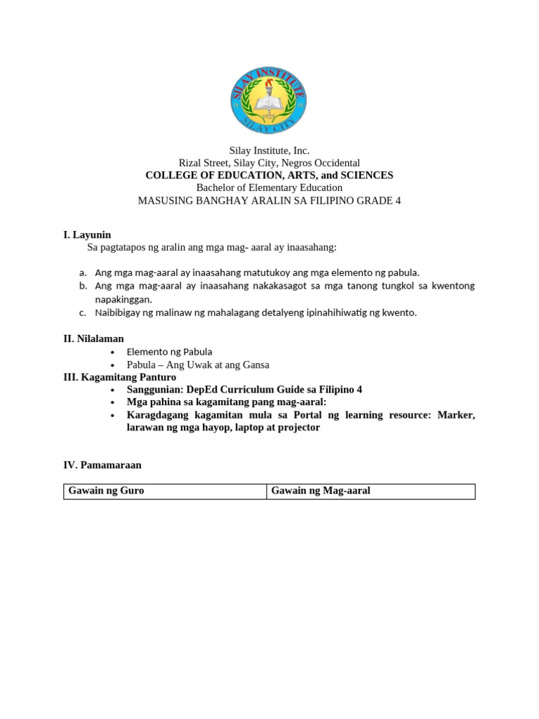 PABULA. (Finished) Lesson Plan | PDF