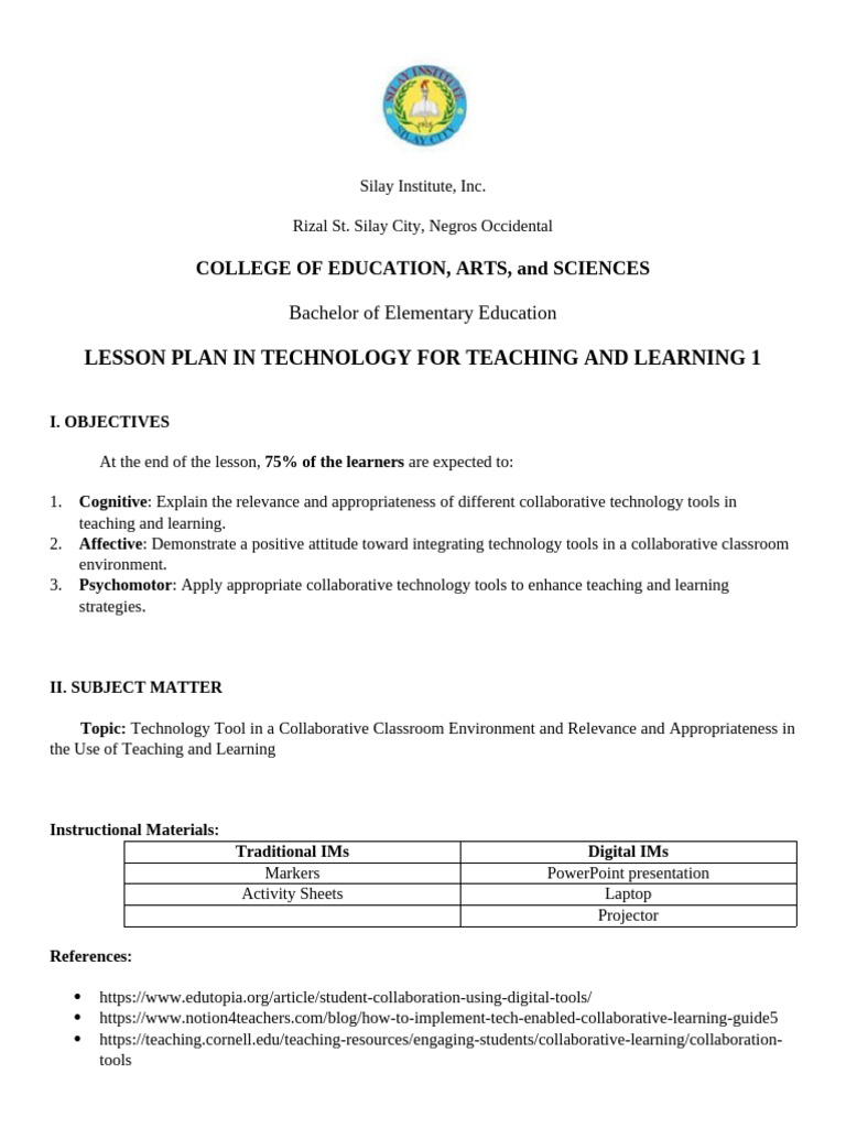 Lesson Plan in Technology For Teaching and Learning | PDF | Web Conferencing | Learning