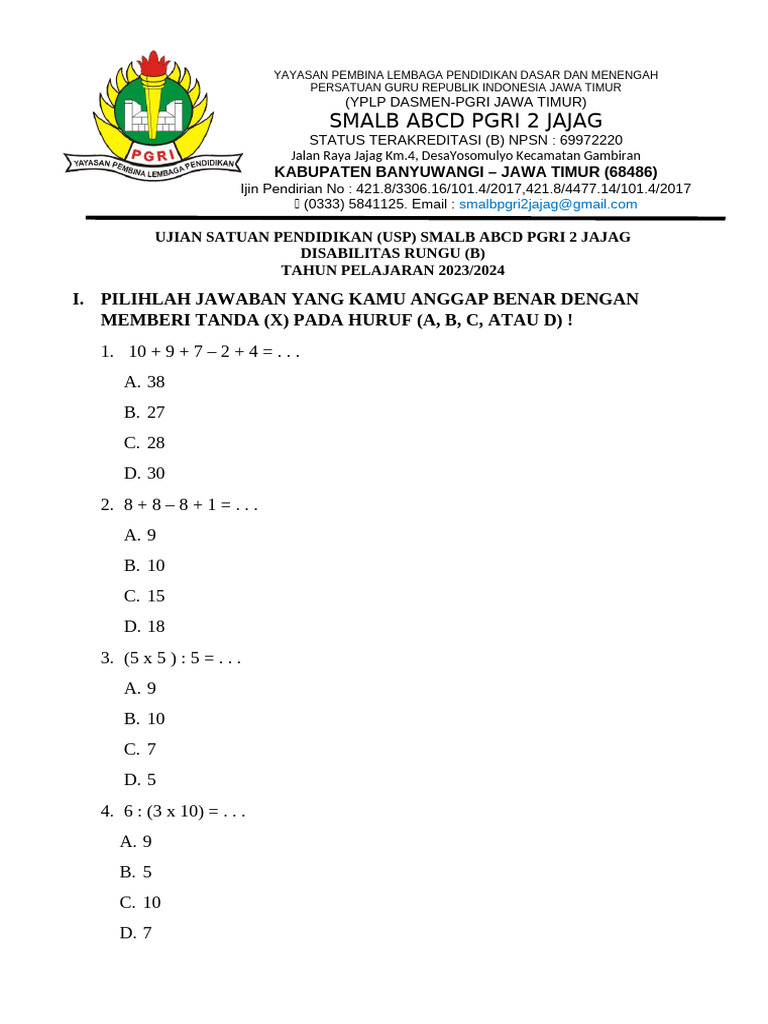 Naskah Soal Usp Matematika Smalb - B 2024 | PDF