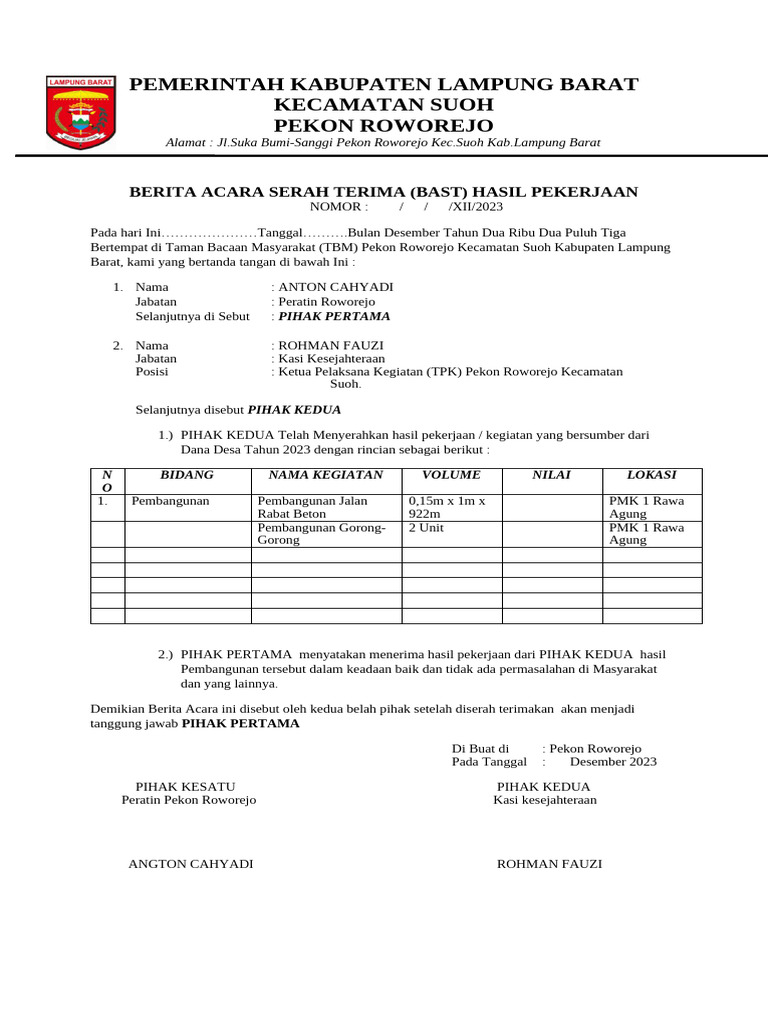 Berita Acara Serah Terima Pekerjaan | PDF