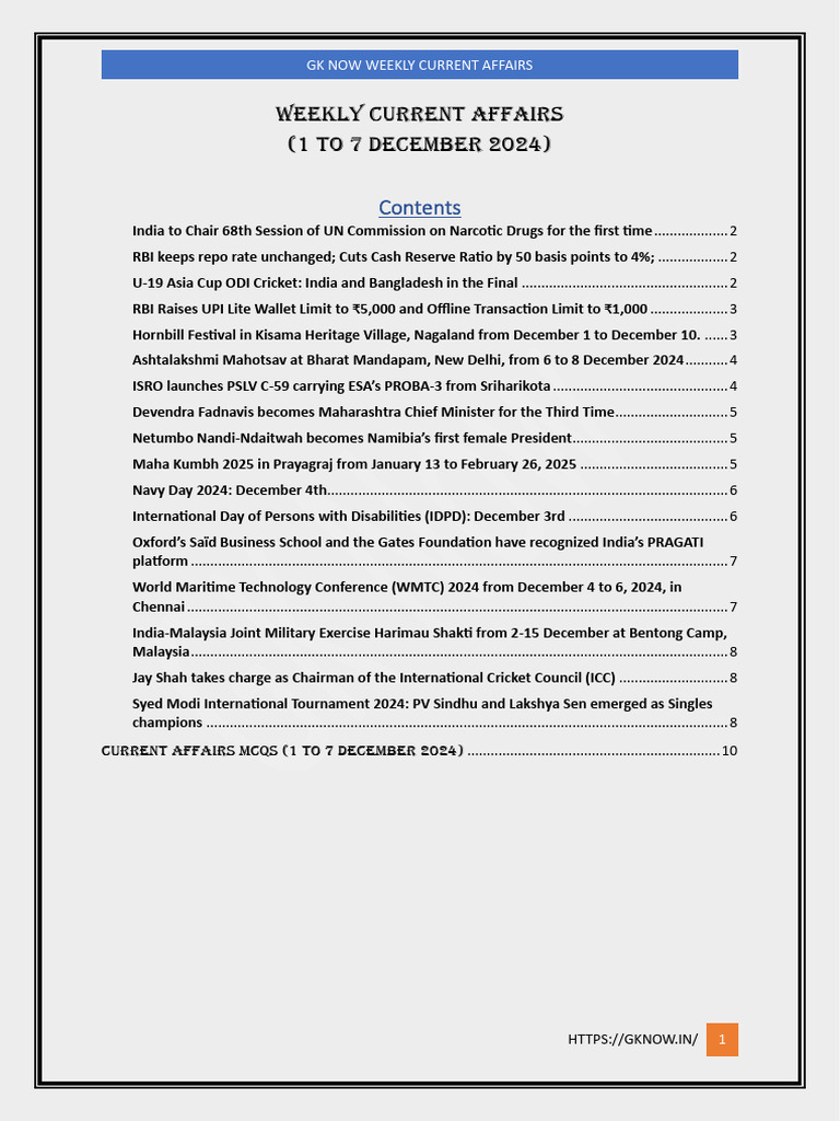 Weekly Current Affairs: Dec 1-7, 2024 | PDF