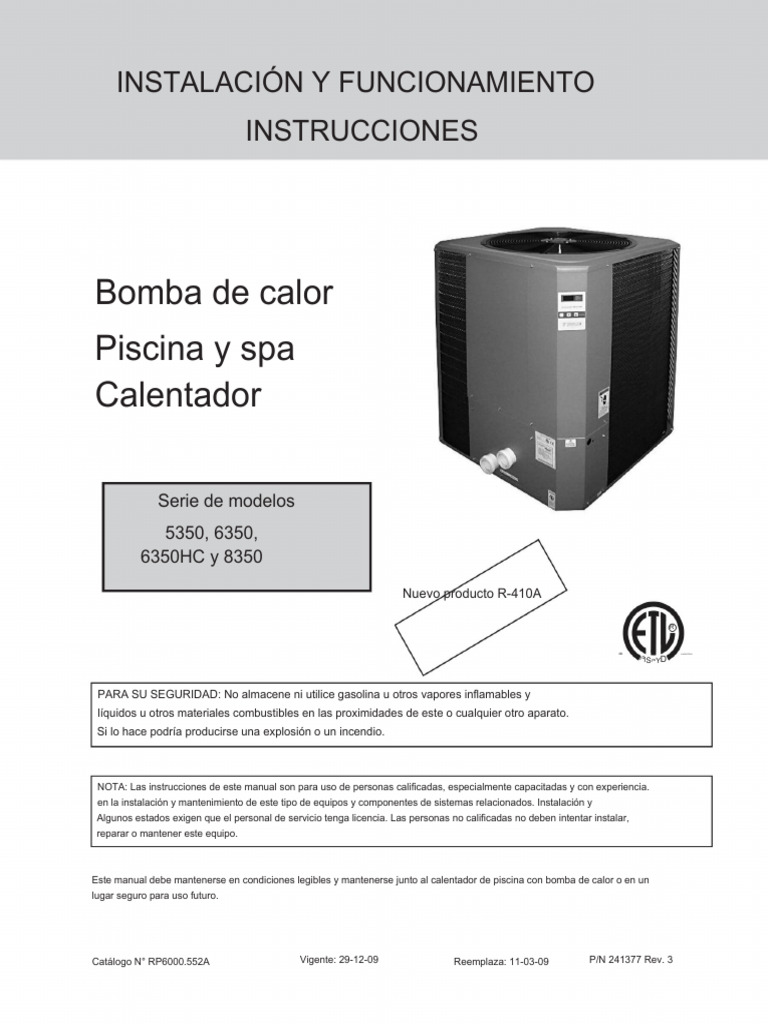 Manual Bomba de Calor Serie Clasica Raypak | PDF | Bomba | Cambiar