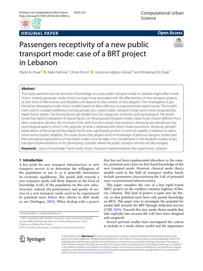 Passengers Receptivity of A New Public Transport Mode Case of A BRT ...