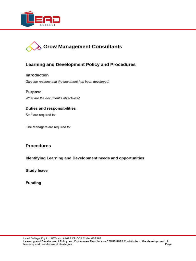 BSBHRM613 Learning and Development Policy and Procedures | PDF