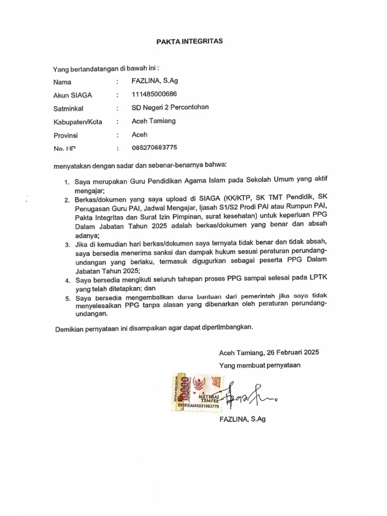 Pakta Integritas - Fazlina | PDF