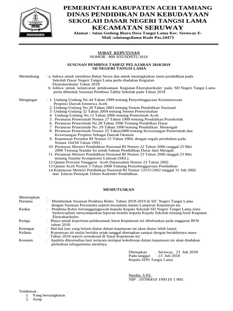 SK Pengurus Rohis 2018 | PDF