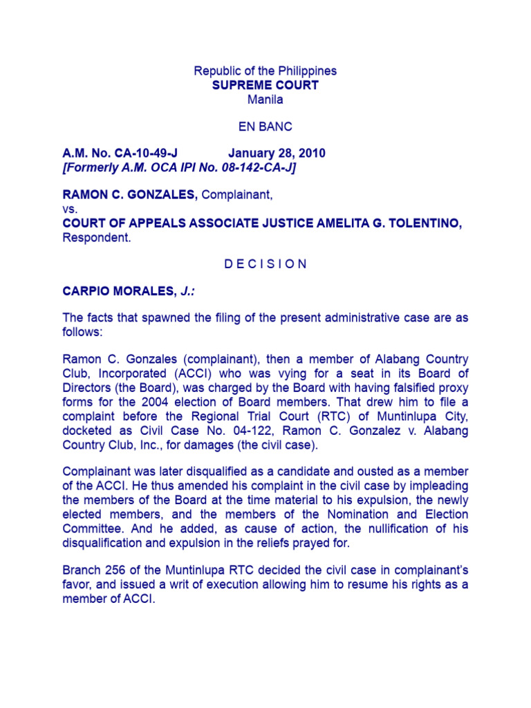 Supreme Court Decision on Gonzales vs. Tolentino | PDF | Certiorari | Injunction