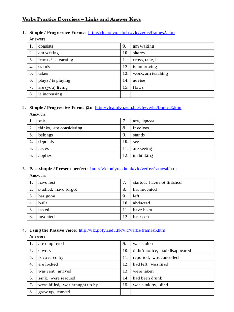 Verbs Practice Exercises - Links and Answer Keys | PDF