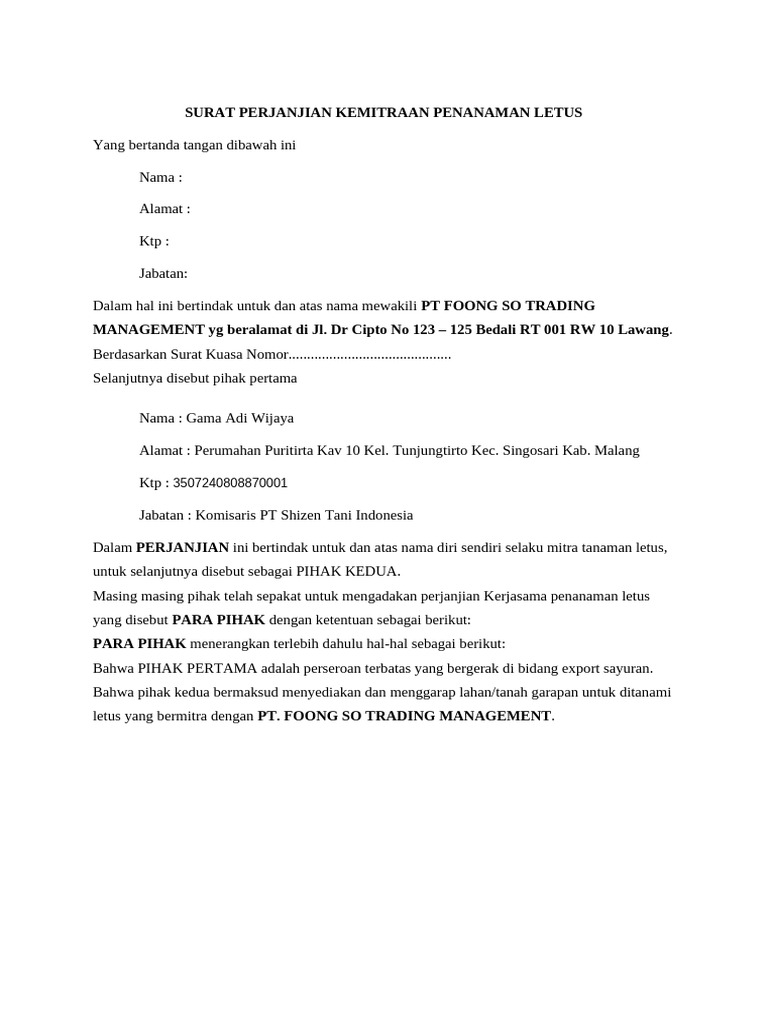 Surat Perjanjian Kemitraan Penanaman Letus | PDF