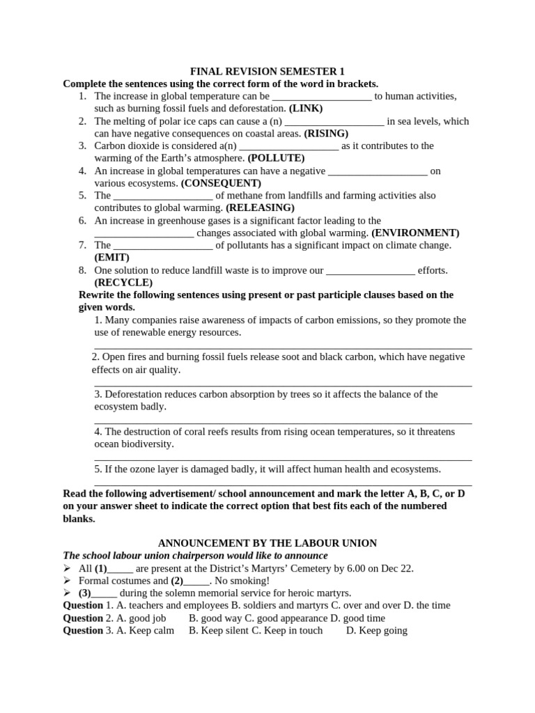 Final Revision Semester 1 Grade 11 | PDF | Climate Change | Greenhouse Gas