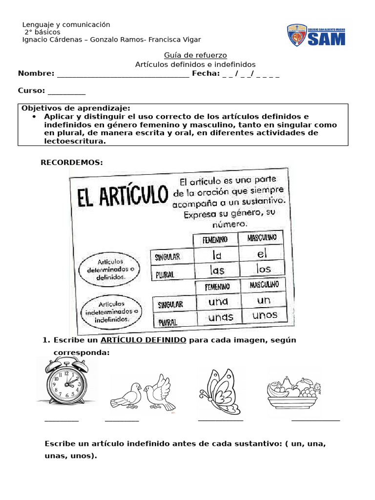 Guía de refuerzo articulos definidos e indefinidos | PDF