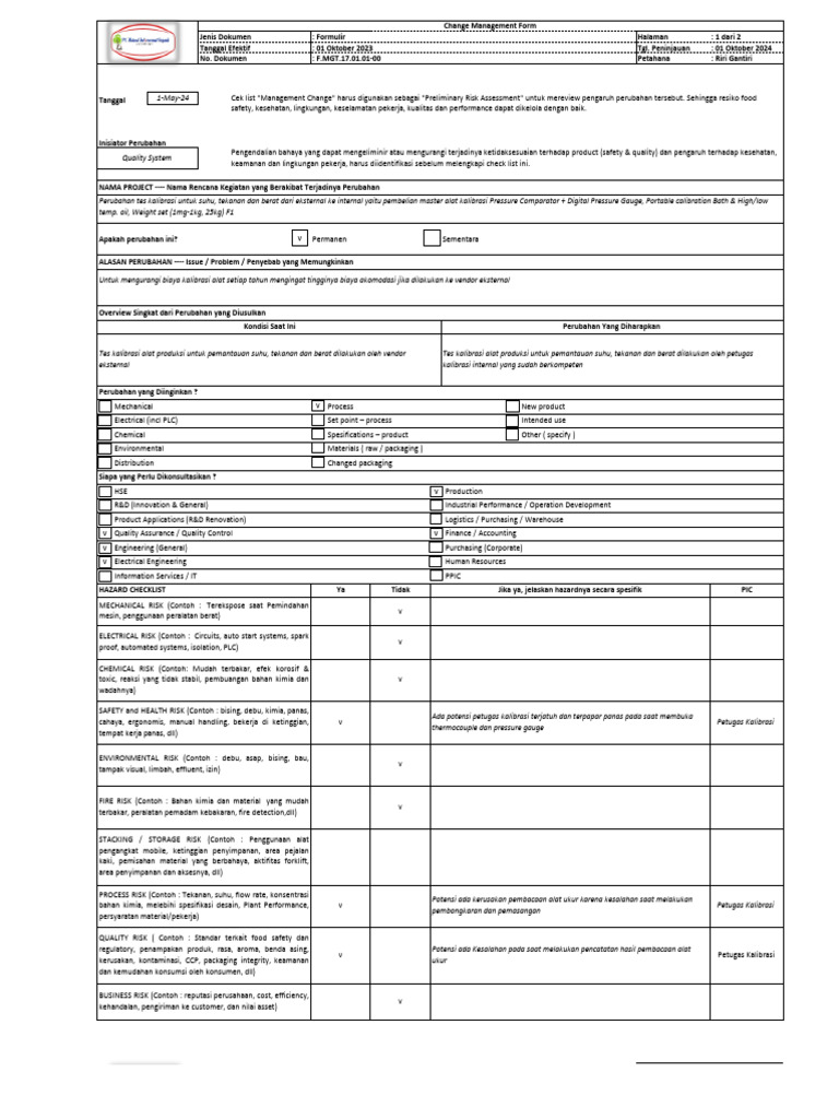 Change Management Form - Perubahan Tes Kalibrasi Untuk Suhu, Tekanan ...