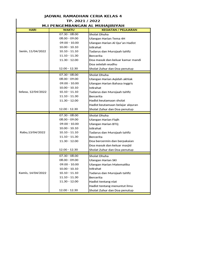 Jadwal Kelas 4 | PDF