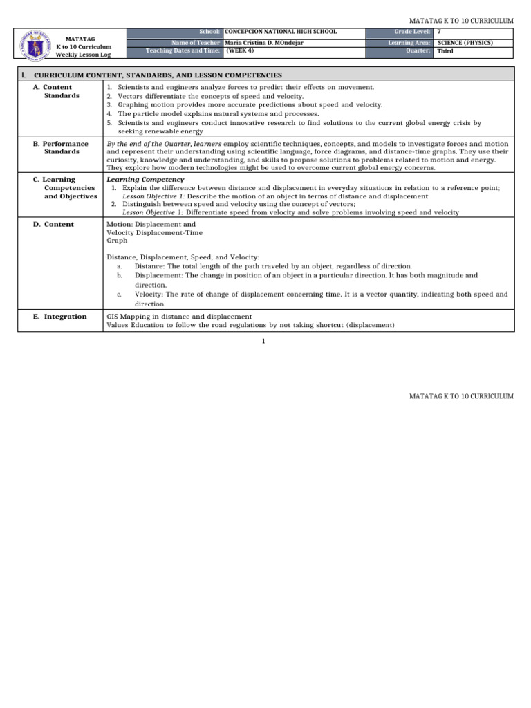 DLL MATATAG _SCIENCE 7 Q3 W4 | PDF | Velocity | Distance