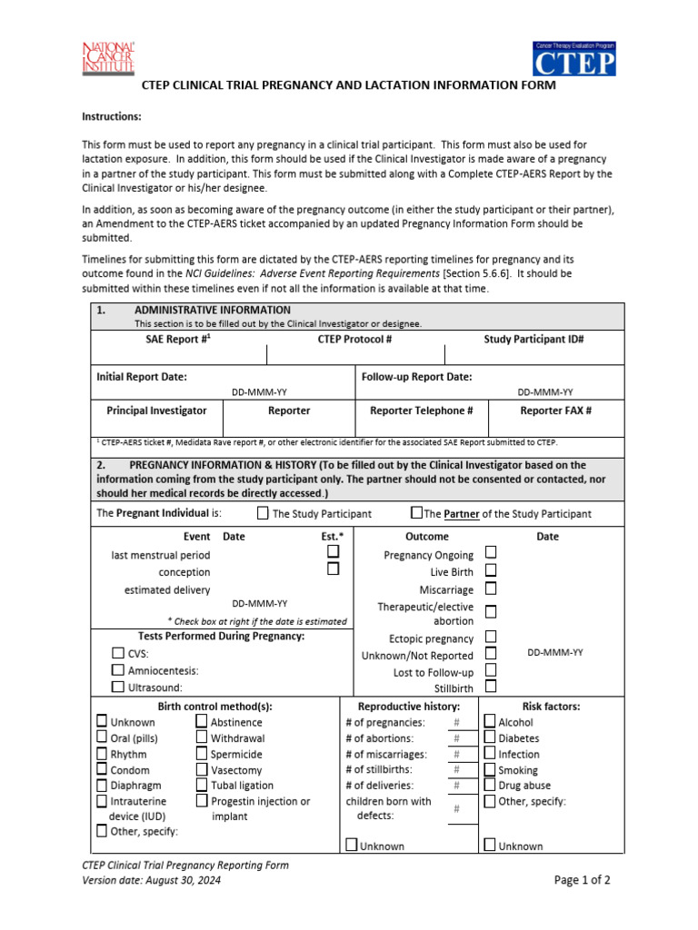 CTEP Pregnancy Report Form | PDF | Miscarriage | Reproductive Rights