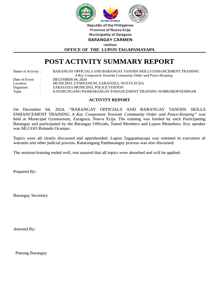 CARMEN - TRAINING POST ACTIVITY REPORT | PDF | Economy Of The ...