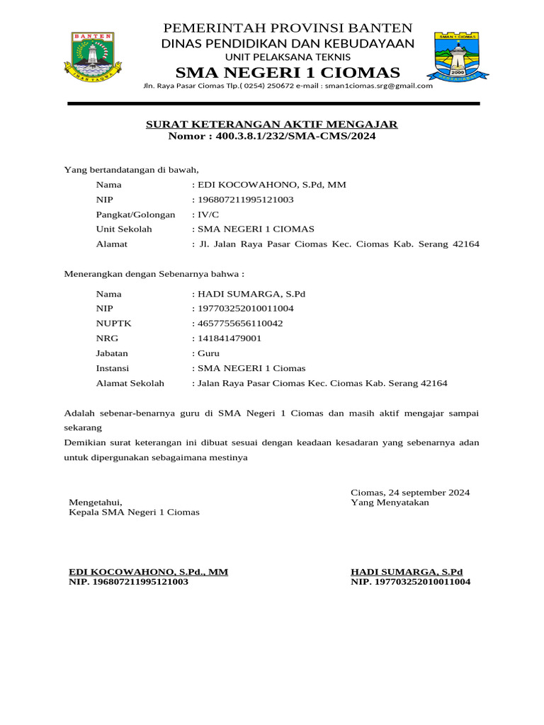 SURAT Aktif Mengajar SMAN1 CIOMAS 2024 | PDF
