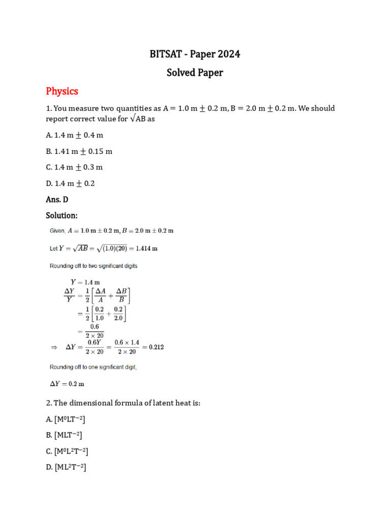 Physics: BITSAT - Paper 2024 Solved Paper | PDF | Reaction Rate | Light