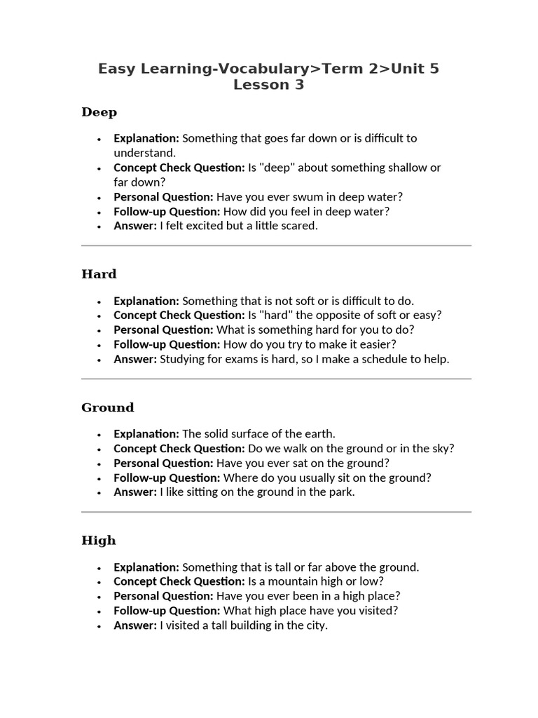 Easy Learning-Vocabulary-Term 2-Unit 5 Lesson 3 | PDF